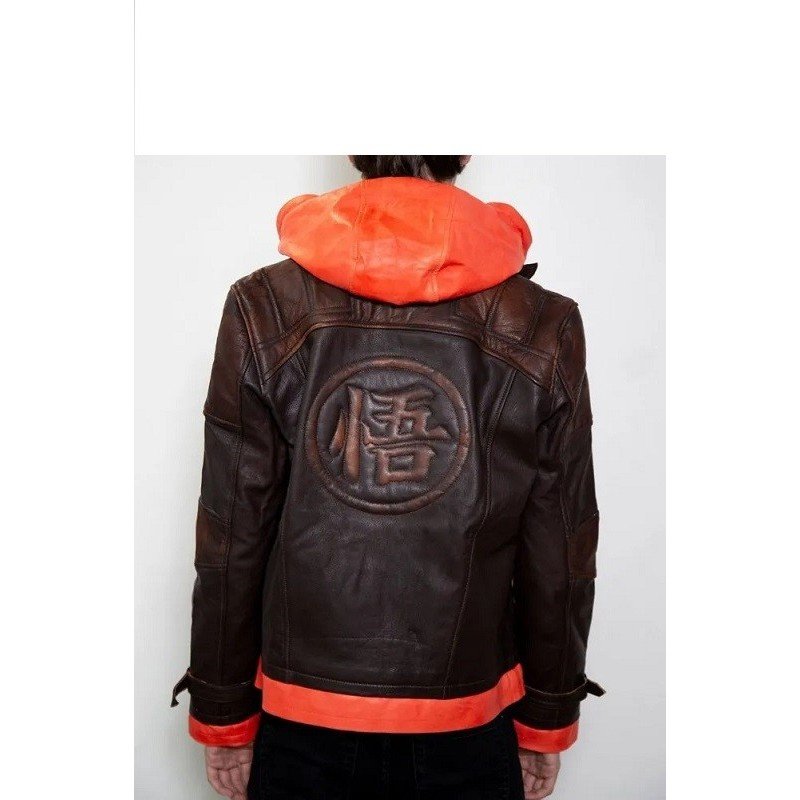 Mens Goku Orange Hood Brown Leather Jacket